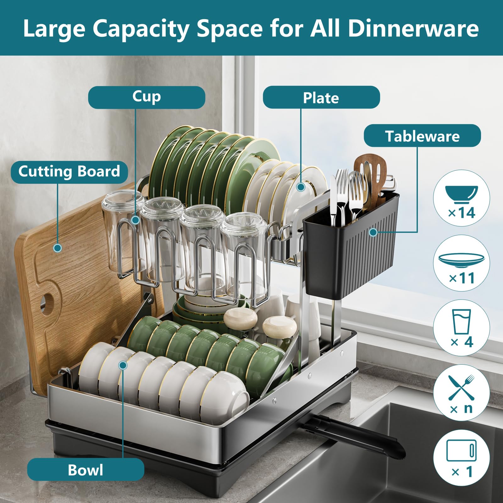 Stainless Steel Dish Drying Rack 2 Tier, Large Dish Racks for Kitchen Counter,Dish Drainer and Dish Rack with Drain of Rotatable Spout，Collapsible Dish Drying Rack for Kitchen Counter of family,Black