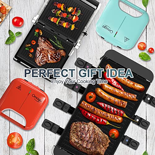 OMAIGA Panini Press, Sandwich Maker, 1500W 6-Serving Indoor Grill, Stainless Steel Top Surface, Detachable Non-stick Die-cast Aluminium Plates, Upright Storage, Opens 180 degrees