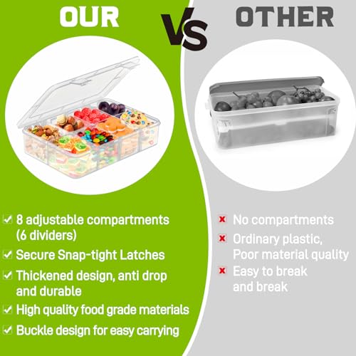 Snack Box Container, 2 Pcs Snackle Tray Adjustable 8 Compartments Divided Reusable Meal Prep Food Storage Containers Portable Snack Platters for School, Work, Travel, Picnics, Candy Organizer