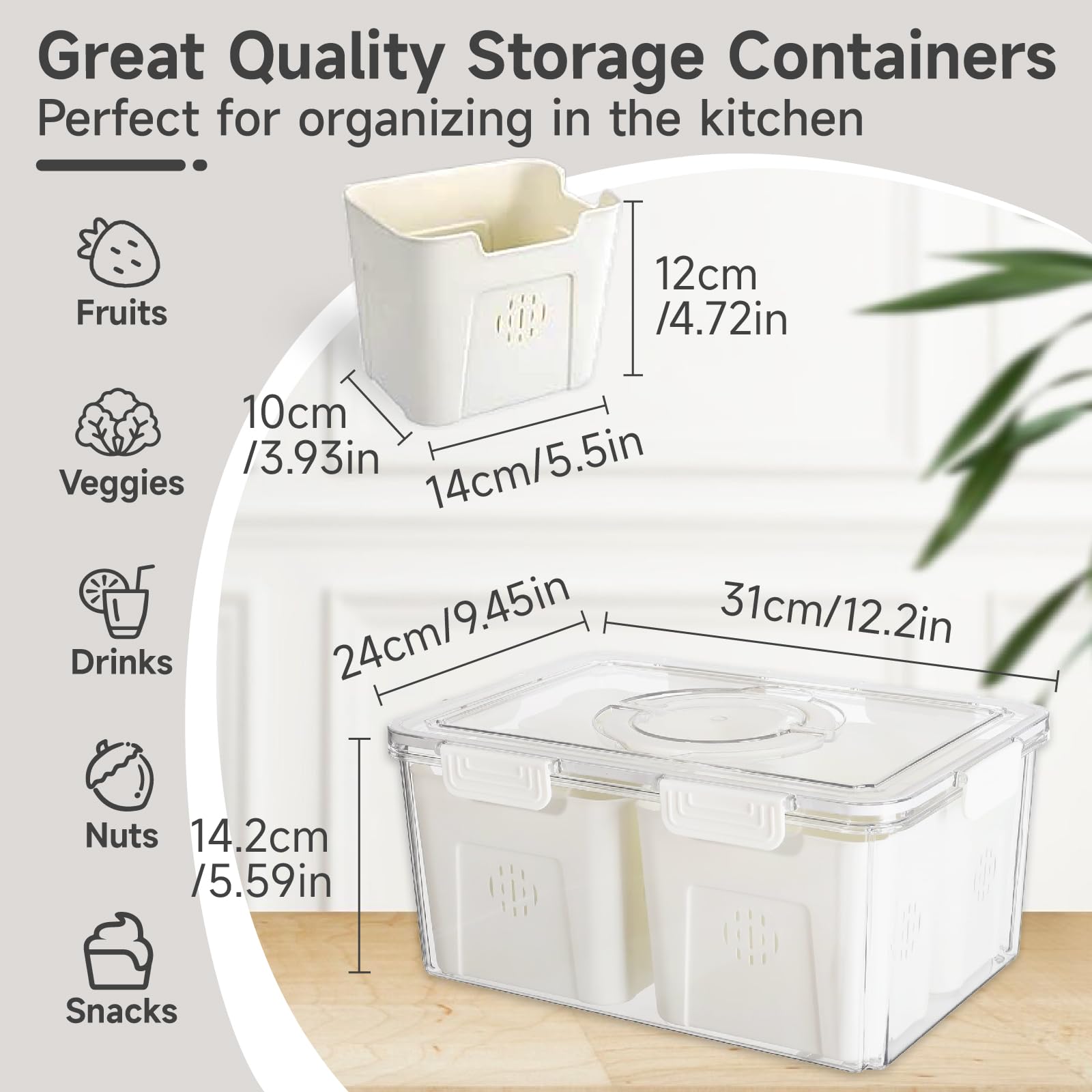 banmagately Airtight Fruit Storage Containers for Fridge, Portable Refrigerator Organizer Bins with 4 Removable Fruit Drainer Containers, BPA-Free Produce Saver for Fruits and Veggies (White)