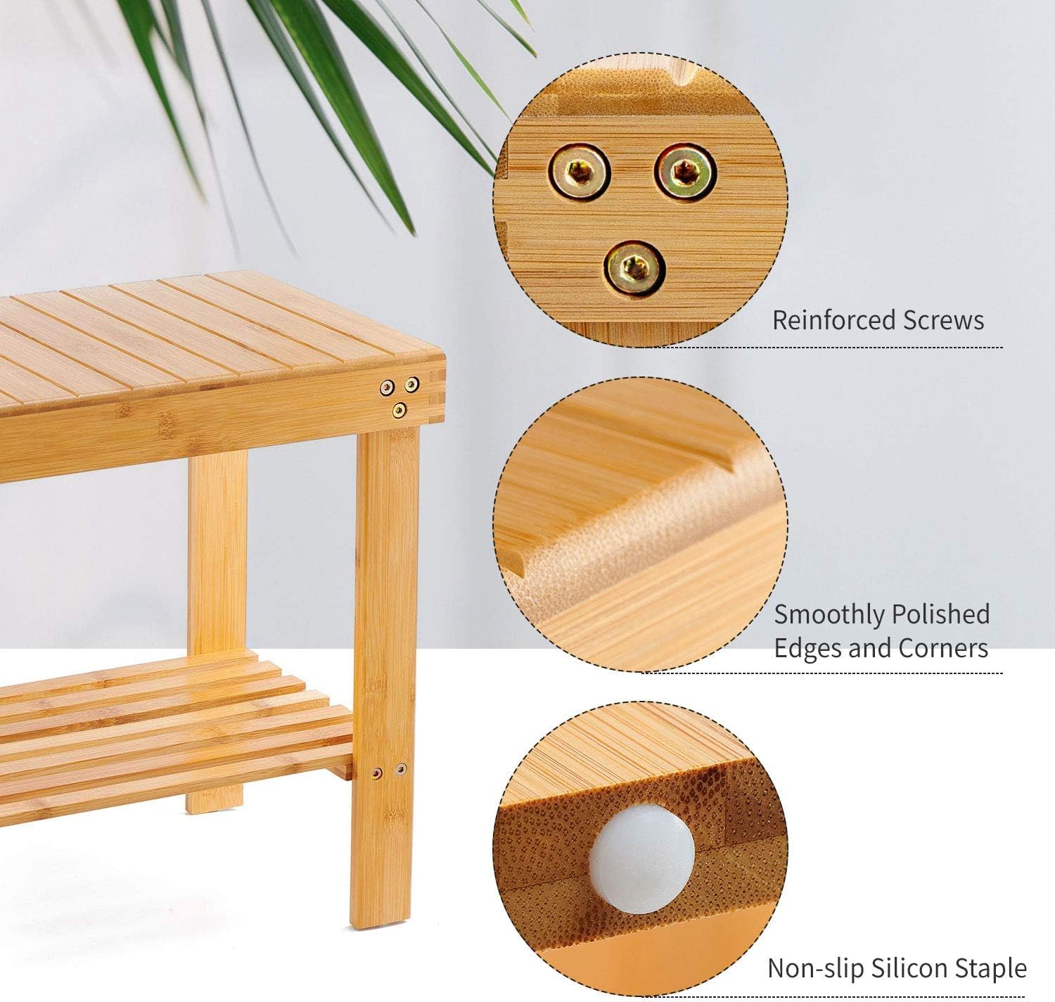 VaeFae Bamboo Spa Bench Wood Seat Stool Foot Rest Shaving Stool with Non-Slip Feets Storage Shelf for Shampoo Towel,Works in Bathroom/ Living Room/ Bedroom/Garden Leisure