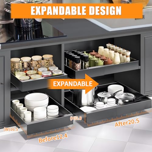 2 Pcs Pull Out Cabinet Organizer, Expandable(12.4"-20.5") Pull Out Drawers for Cabinets Slide Out Drawers for Kitchen Cabinets with Adhesive Nano Film Mounting Adjustable for Kitchen, Pantry (Black)