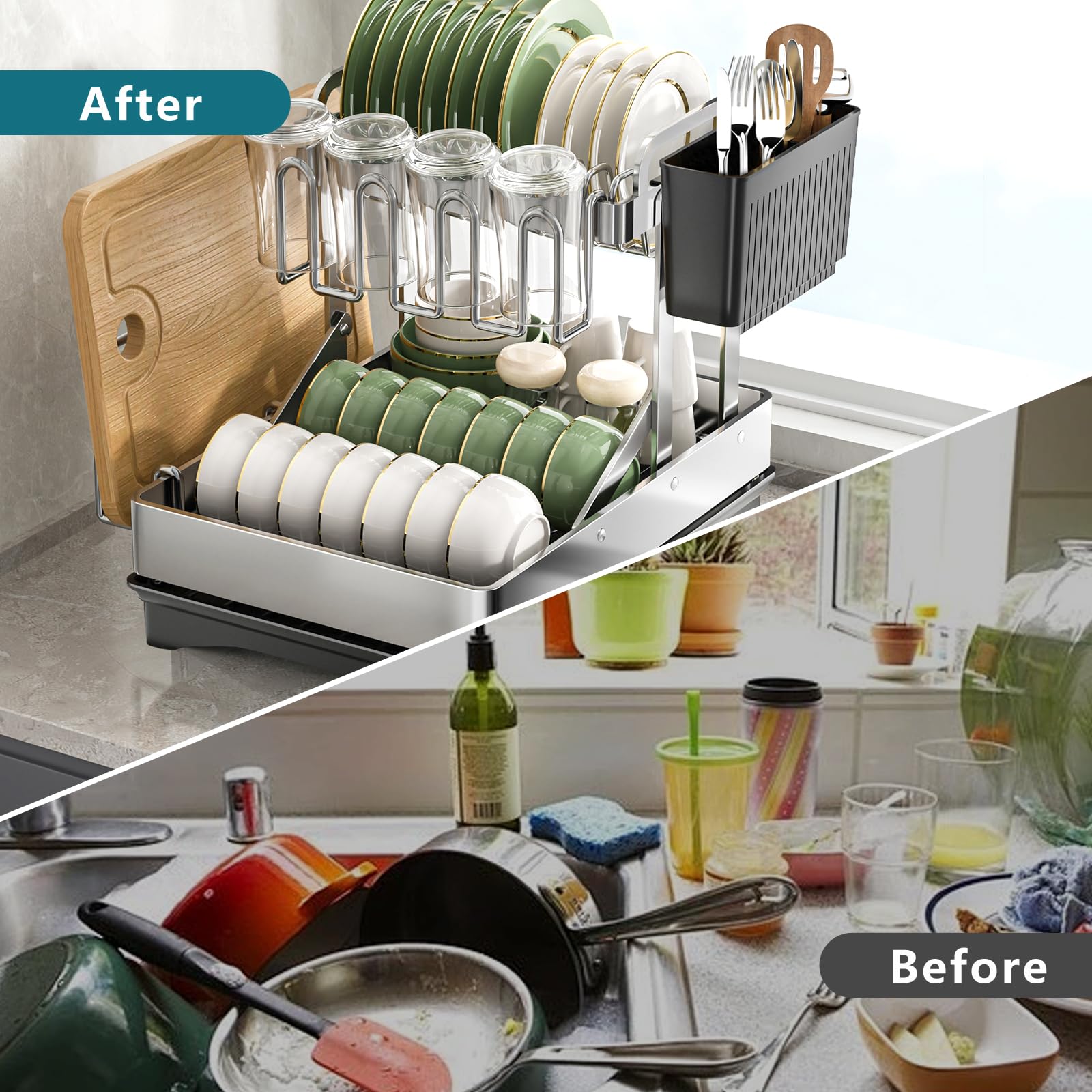 Stainless Steel Dish Drying Rack 2 Tier, Large Dish Racks for Kitchen Counter,Dish Drainer and Dish Rack with Drain of Rotatable Spout，Collapsible Dish Drying Rack for Kitchen Counter of family,Black