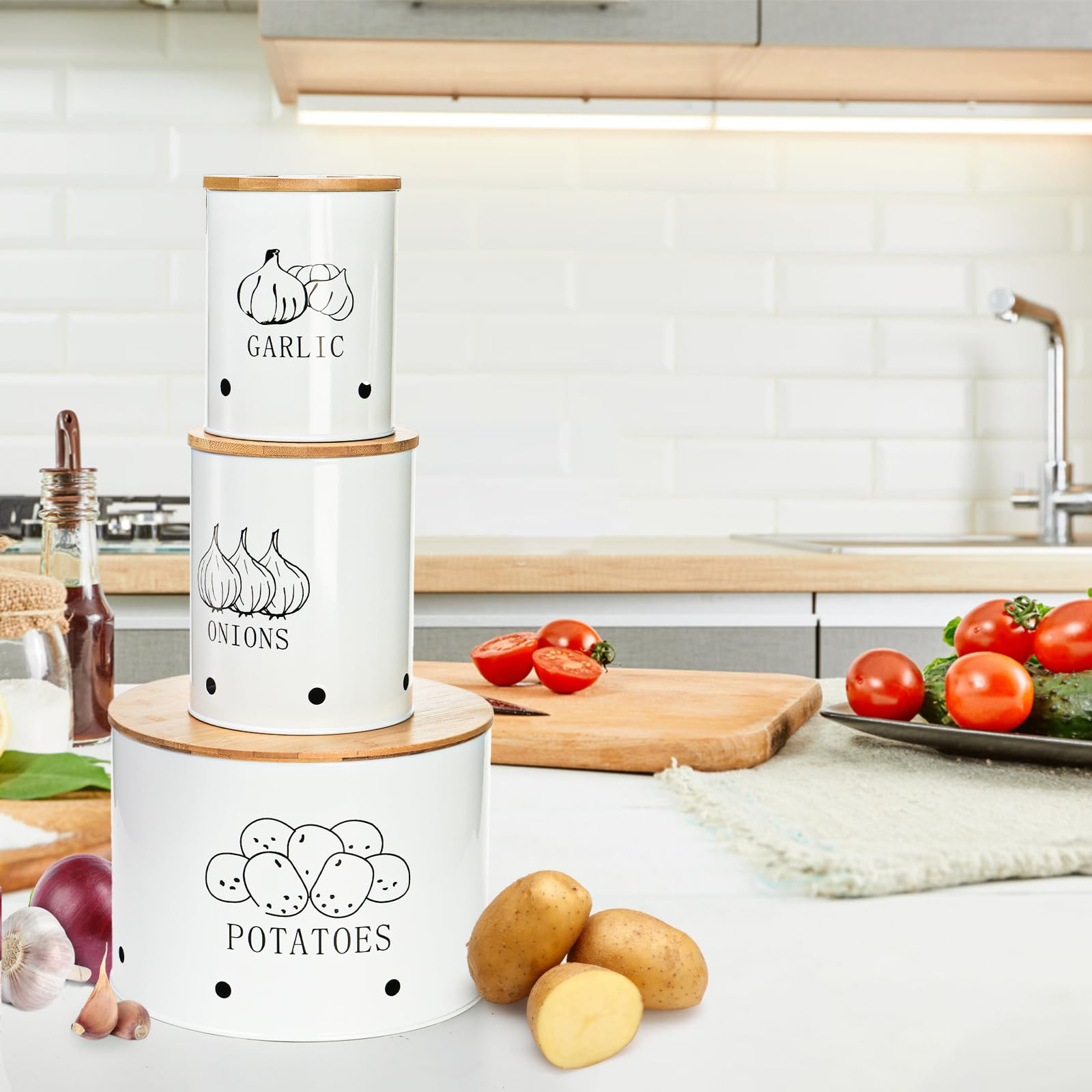 WUWEOT 3 Pack Vegetable Storage Tins, Round Metal Potato Onion Garlic Storage Bins, Farmhouse White Kitchen Canisters Vegetable Fresh Keeper Set with Bamboo Lids and Aerating Holes