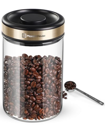Maestri House Vacuum Coffee Canister Pro, AirTight Coffee Containers, Vacuum Glass Coffee Jar with Coffee Spoon, 40 fl OZ/1.2L Professional Coffee Storage Container for Barista, Gifts (Golden)
