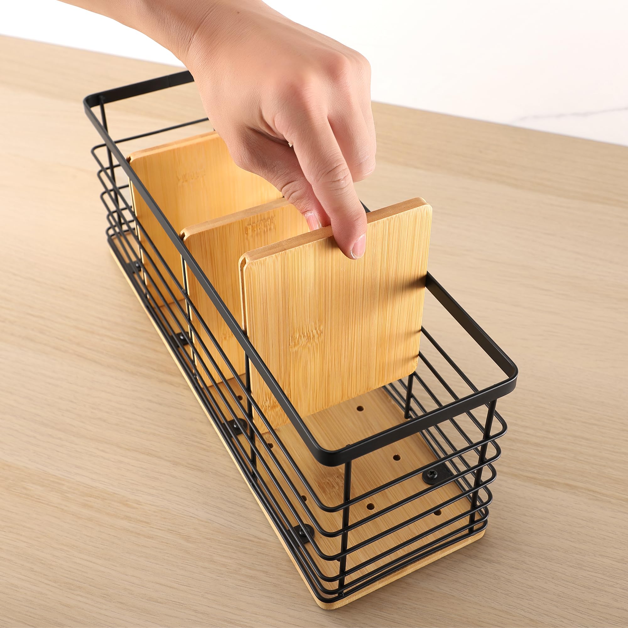 ALOCEO Kitchen Utensil Holder for Countertop - Large Matte Black Utensil Holder with Wooden Base - Multifunctional Farmhouse Cooking Utensil Organizer, Rustic Cooking Utensil with 4 Compartments