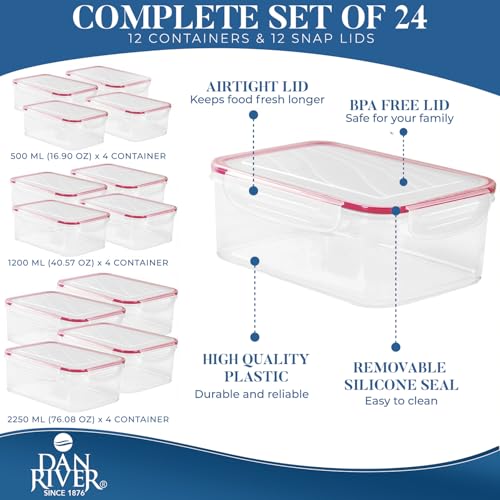 DAN RIVER Reusable Air Tight Plastic Containers with Lids 24-Piece Set (12 Containers & 12 Snap Lids), Leak-Proof & Microwave Safe, Air Tight Food Storage Set, Red