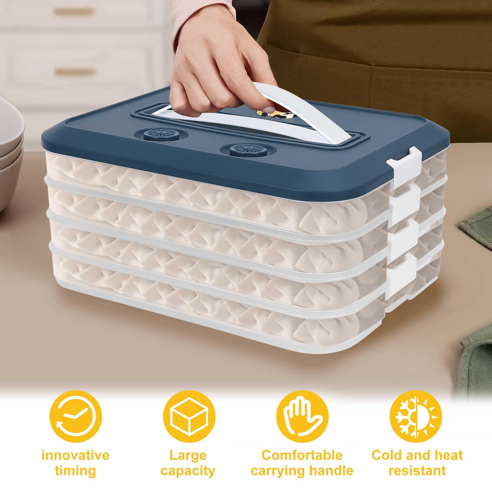 TOWEBOORY 4-Layer Dumpling Box,Food Storage Containers with Lids,Stackable Cookie Carrier with Lid and Handle,Cookie Storage Containers Airtight,Time Recoder