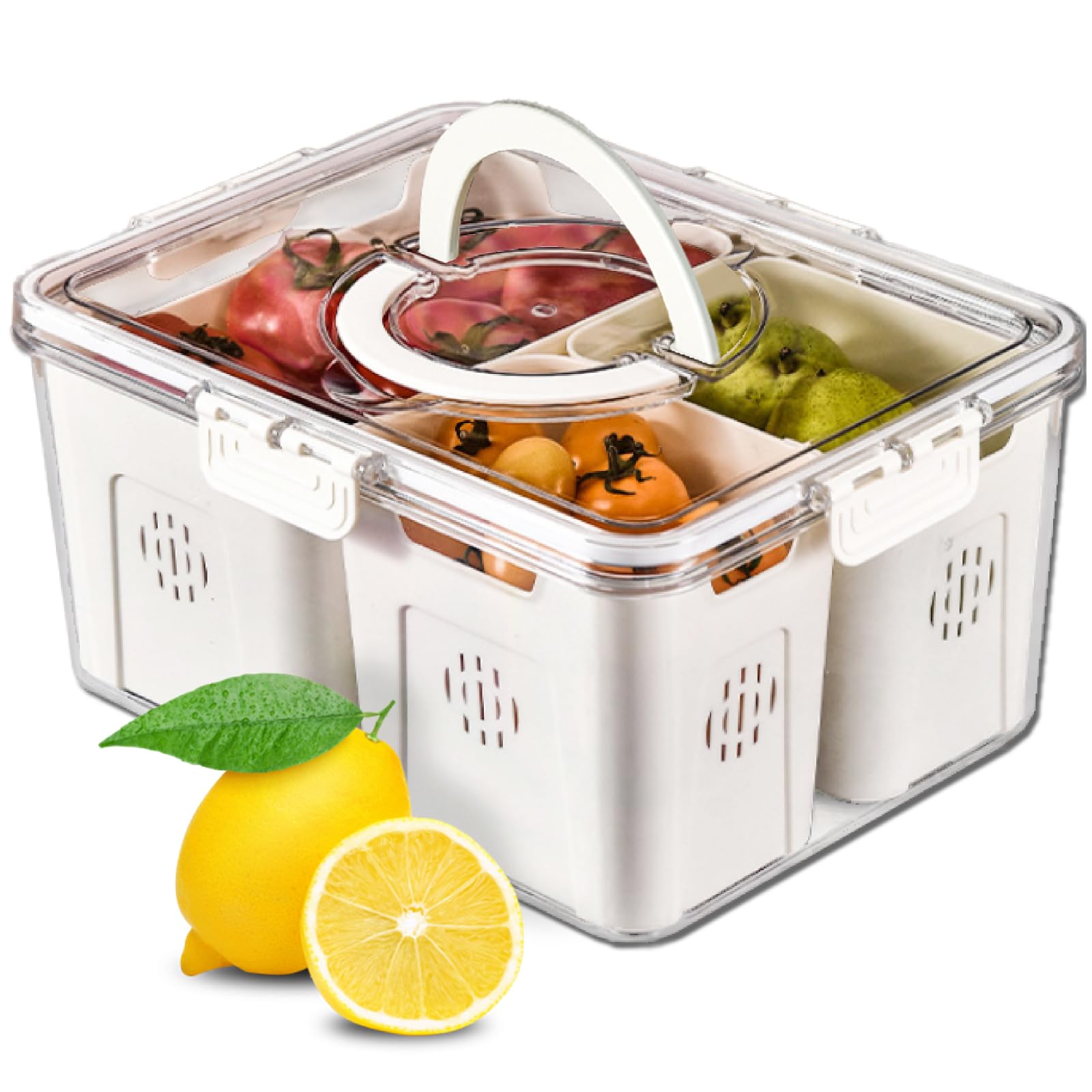banmagately Airtight Fruit Storage Containers for Fridge, Portable Refrigerator Organizer Bins with 4 Removable Fruit Drainer Containers, BPA-Free Produce Saver for Fruits and Veggies (White)