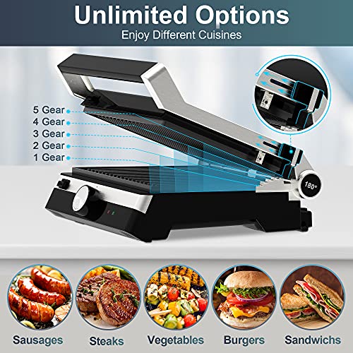 OMAIGA Panini Press, Sandwich Maker, 1500W 6-Serving Indoor Grill, Stainless Steel Top Surface, Detachable Non-stick Die-cast Aluminium Plates, Upright Storage, Opens 180 degrees