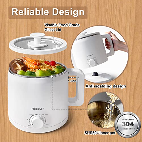 MOOSUM Mini Electric Hot Pot, Fast Cooker for Ramen/Soup, Stainless Steel with Over-heating Protection, Perfect for Student & Single, 1.5L