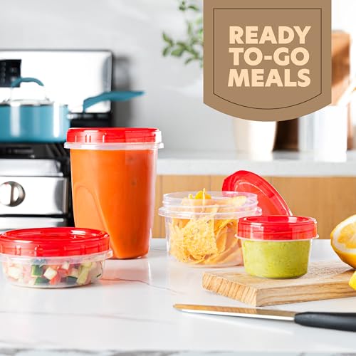 PLASTICPRO 24 Pack Twist Top Containers Assorted Sizes Plastic Food Storage Containers with Red Twist on Lids Stackable Reusable