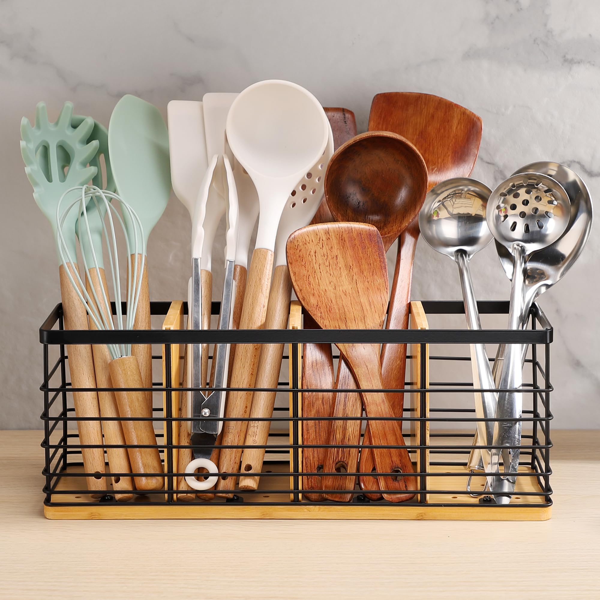 ALOCEO Kitchen Utensil Holder for Countertop - Large Matte Black Utensil Holder with Wooden Base - Multifunctional Farmhouse Cooking Utensil Organizer, Rustic Cooking Utensil with 4 Compartments