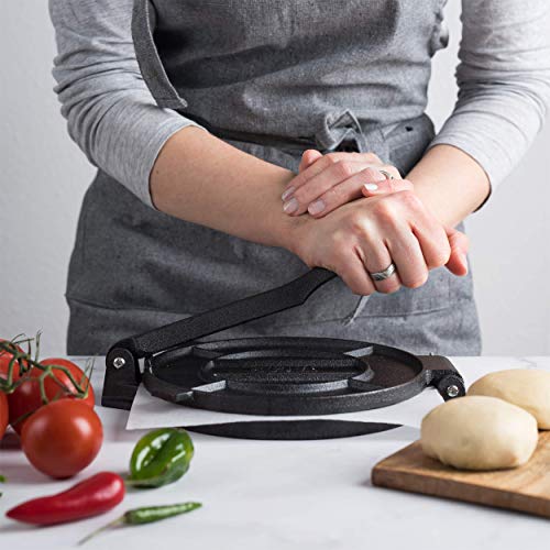 Chef Tacos Authentic Cast Iron Tortilla Press, 8-Inch, Roti Maker Pre-seasoned Corn or Flour Tortilla Maker, Pataconera, Roti Dough