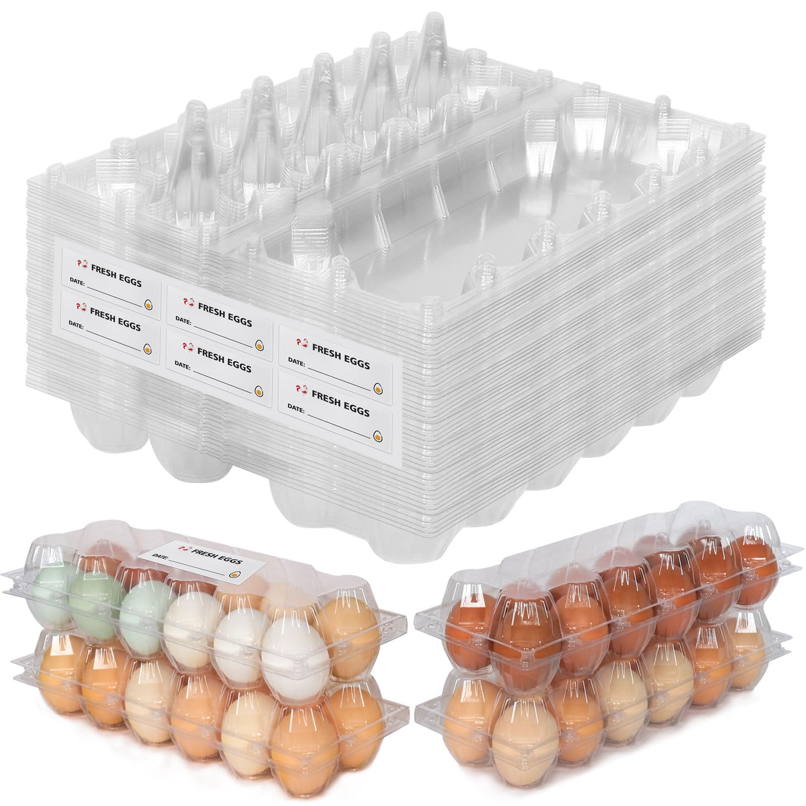 SINLUCESCE 60 Packs Egg Cartons Cheap Bulk,Plastic Egg Carton for 12 Eggs, Clear Egg Carton 2 * 6 Grids,Perfect for Refrigerator Chicken Farm Markets Commercial Business Market Display, Large