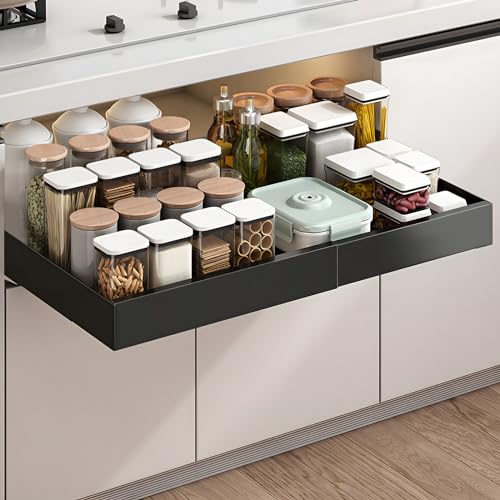 2 Pcs Pull Out Cabinet Organizer, Expandable(12.4"-20.5") Pull Out Drawers for Cabinets Slide Out Drawers for Kitchen Cabinets with Adhesive Nano Film Mounting Adjustable for Kitchen, Pantry (Black)