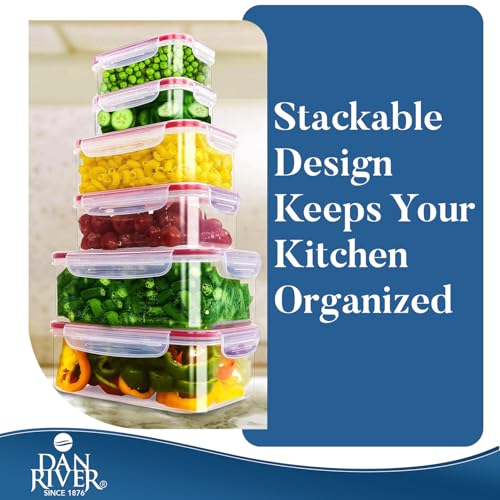 DAN RIVER Reusable Air Tight Plastic Containers with Lids 24-Piece Set (12 Containers & 12 Snap Lids), Leak-Proof & Microwave Safe, Air Tight Food Storage Set, Red
