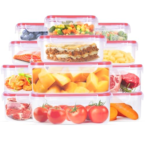 DAN RIVER Reusable Air Tight Plastic Containers with Lids 24-Piece Set (12 Containers & 12 Snap Lids), Leak-Proof & Microwave Safe, Air Tight Food Storage Set, Red