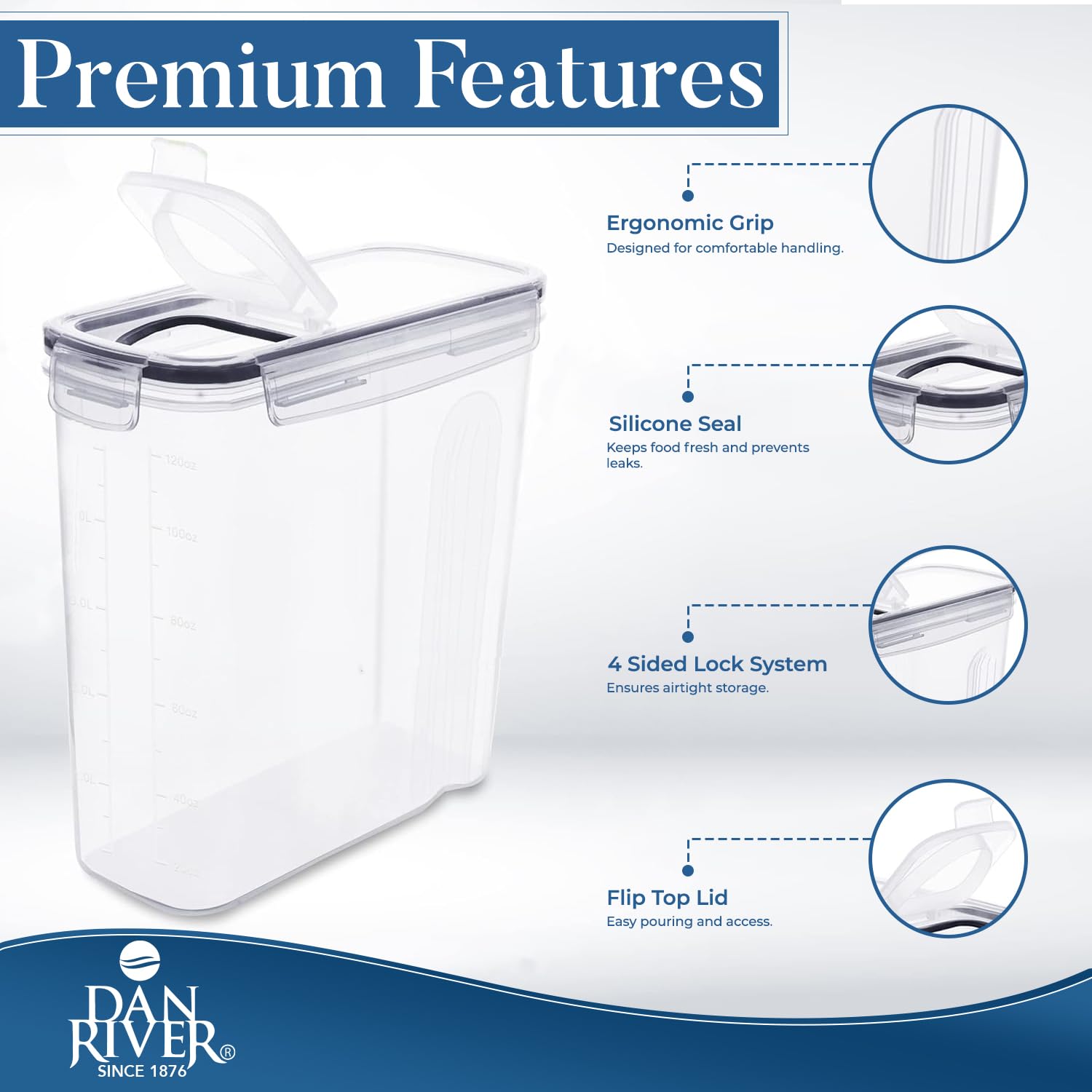 DAN RIVER Cereal Containers | 4 Pack | Pantry Organizers and Storage | Food Storage Containers | Cereal Dispenser | Kitchen Storage Containers | Air Tight Pantry Storage Containers | Made of Plastic