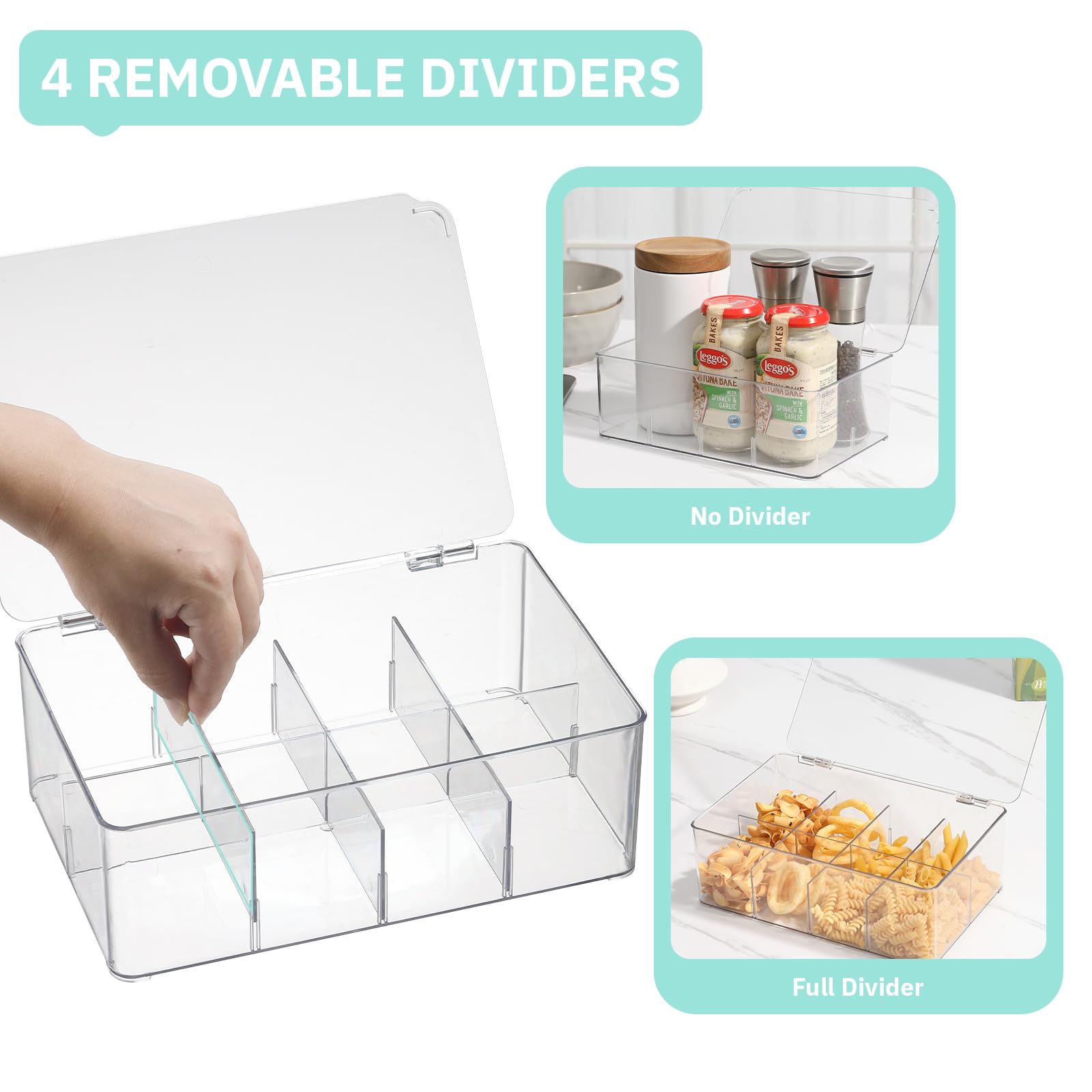 novelinks Clear Plastic Tea Bag Organizer Stackable Storage Organizer with Lid Divided Container Box with Lid for Kitchen Cabinet, Condiments,Countertop, Pantry, Hold Coffee Pods, 2 Pack