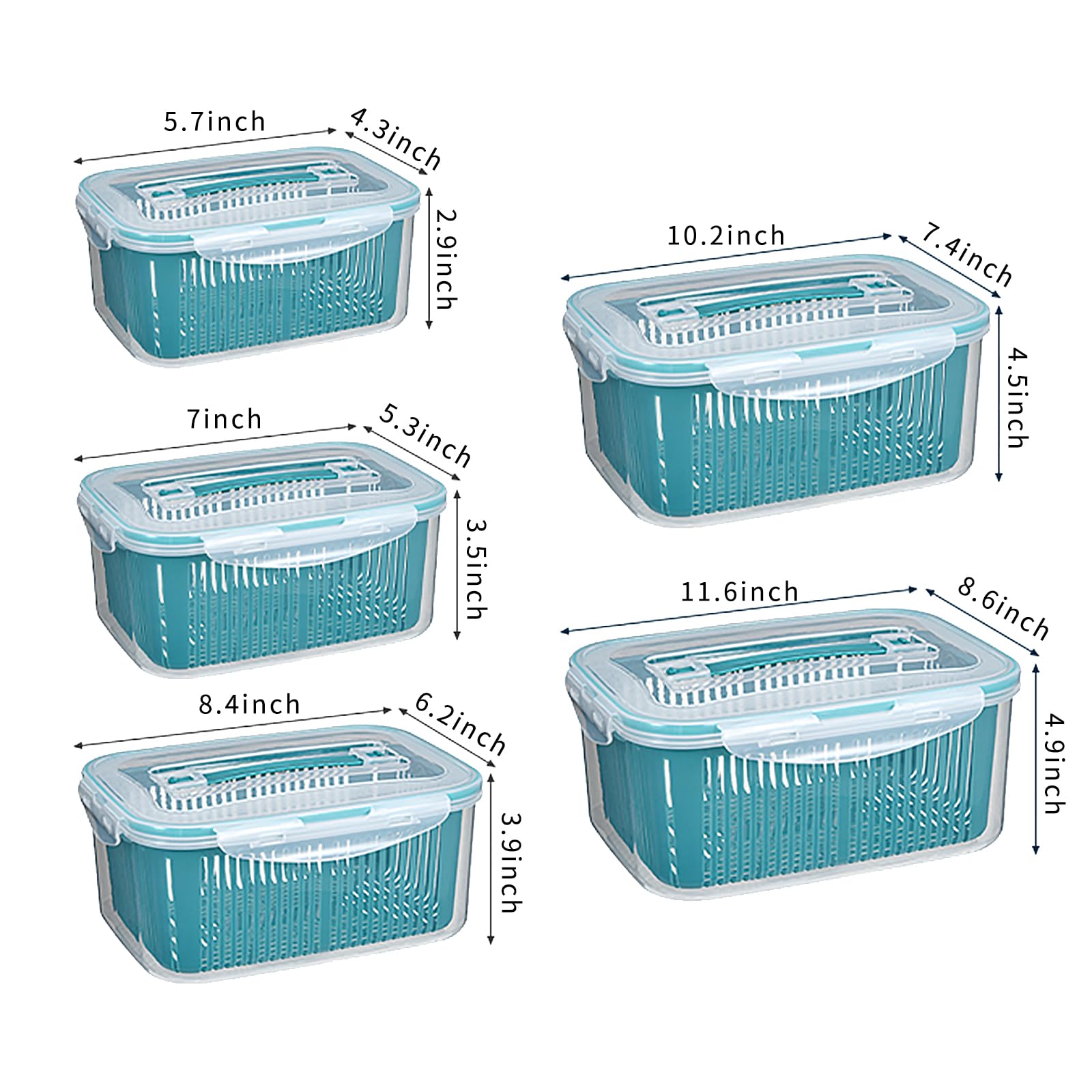 PLHG 5 Pack Fruit Storage Containers for Fridge Removable Colanders, Refrigerator Organizer for Salad Berry Lettuce Vegetables Produce Saver Container with Lid, Microwave, Dishwasher Safe
