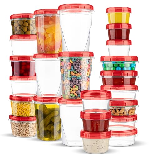 PLASTICPRO 24 Pack Twist Top Containers Assorted Sizes Plastic Food Storage Containers with Red Twist on Lids Stackable Reusable