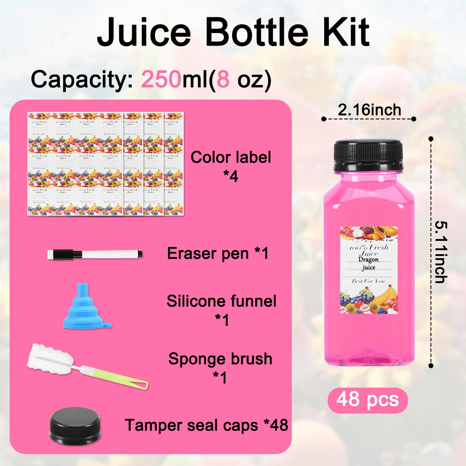 Prerrysurpasse 48pcs 8oz Empty Plastic Juice Bottles- Clear Homemade Juicing Drinks Containers with Black Tamper Proof Lids for Juicing, Smoothie,Drinking,Reusable Beverages Bottles