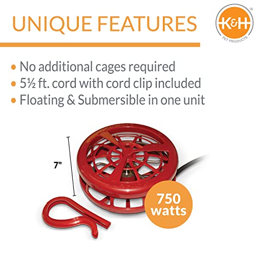 K&H Pet Products Ultimate Stock Tank Deicer w/ Cord Clip Red 750 Watts