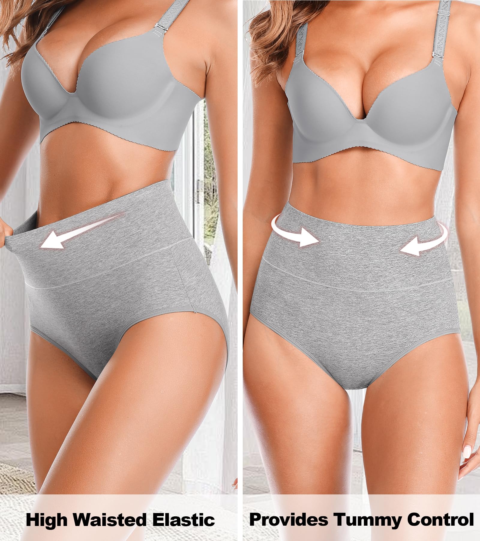 OLIKEME Women's High Waisted Underwear Tummy Control Underwear Postpartum Underwear Breathable Womens Underwear Soft Cotton Panties Full Coverage Briefs, 5-pack Size L