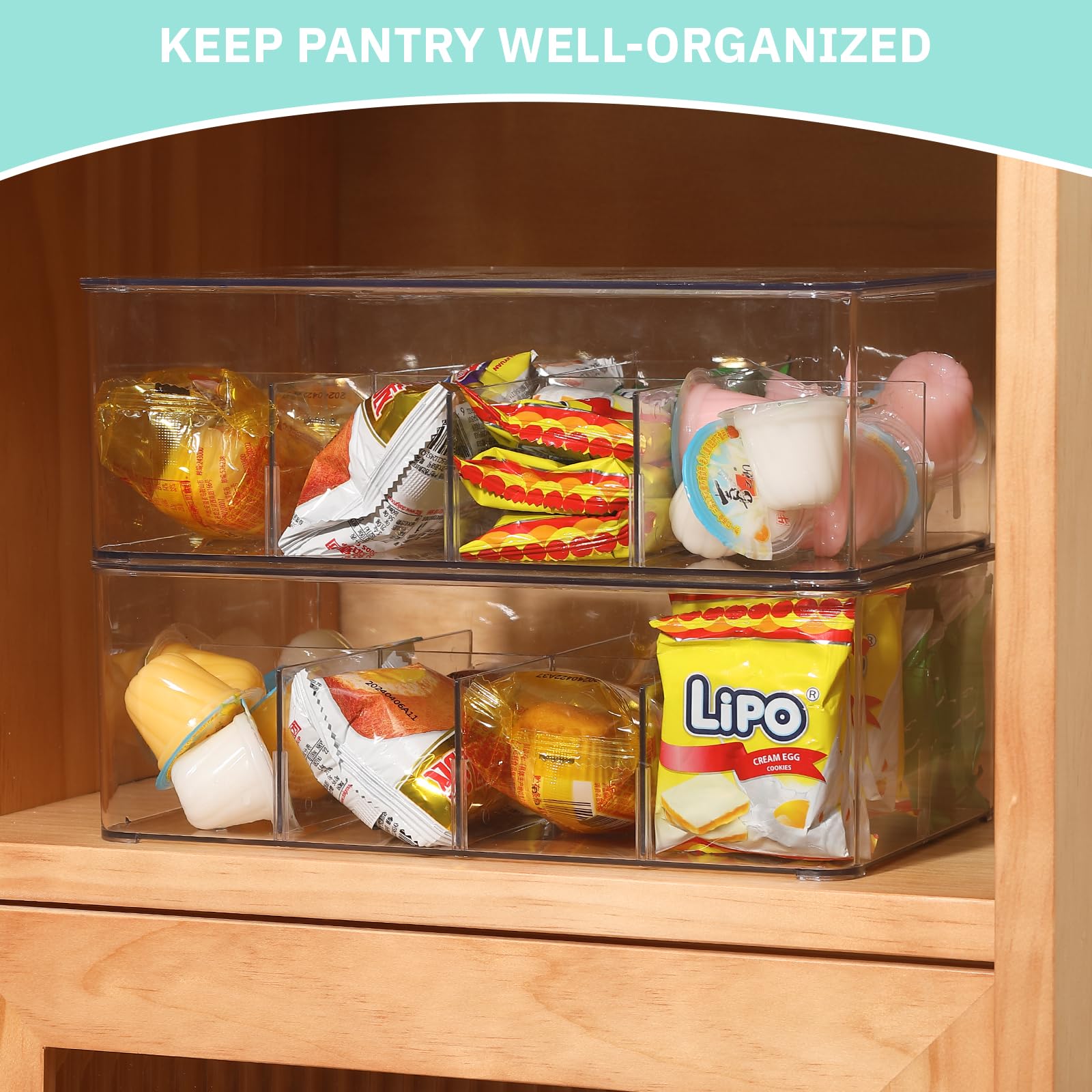 novelinks Clear Plastic Tea Bag Organizer Stackable Storage Organizer with Lid Divided Container Box with Lid for Kitchen Cabinet, Condiments,Countertop, Pantry, Hold Coffee Pods, 2 Pack