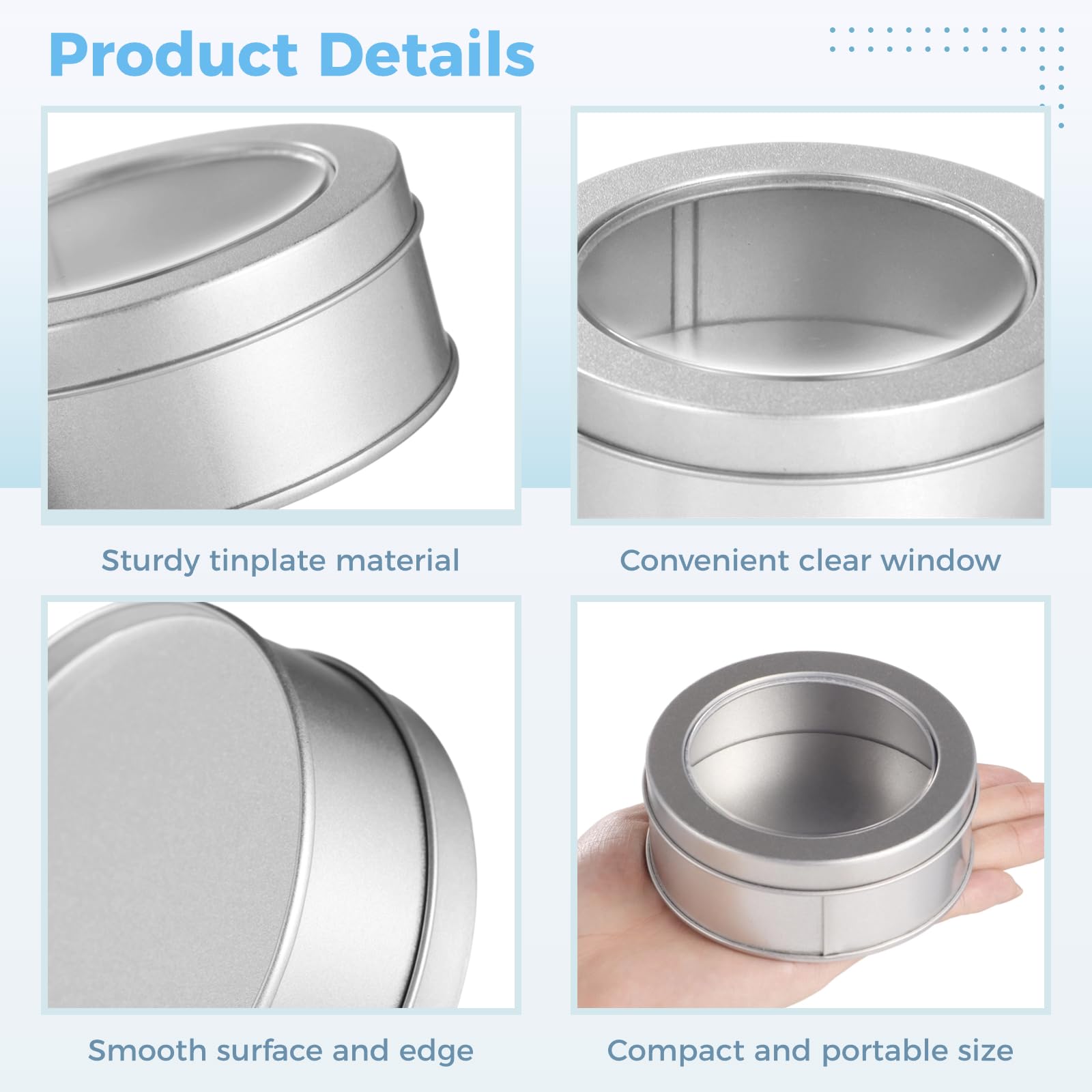 20 Pcs Metal Tin Cans 4 OZ Round Containers with Clear Tops, Empty Food Storage Containers for Storing Candles, Candies, Tea, Silver Tin Cans for Kitchen, Office, Travel