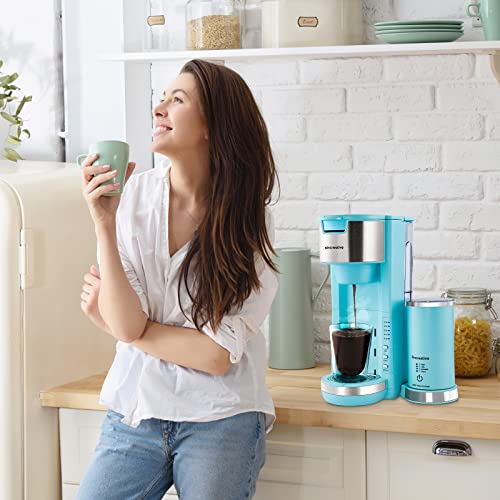 Single Serve Coffee Maker with Milk Frother, 2-In-1 Cappuccino Coffee Machine for K Cup Pod and Ground Coffee, Single Cup Brewer Compact Latte Maker with 30 oz Removable Tank, Blue