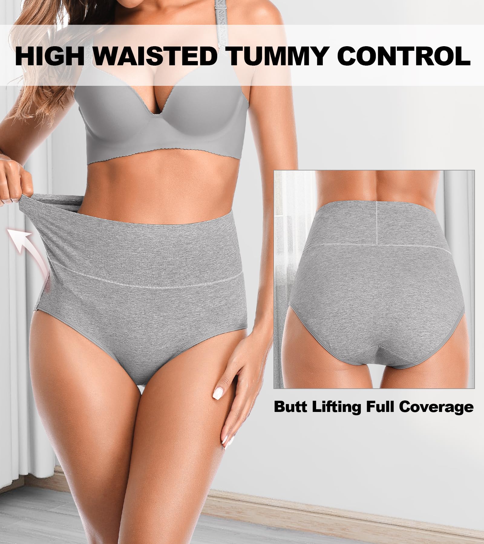 OLIKEME Women's High Waisted Underwear Tummy Control Underwear Postpartum Underwear Breathable Womens Underwear Soft Cotton Panties Full Coverage Briefs, 5-pack Size L