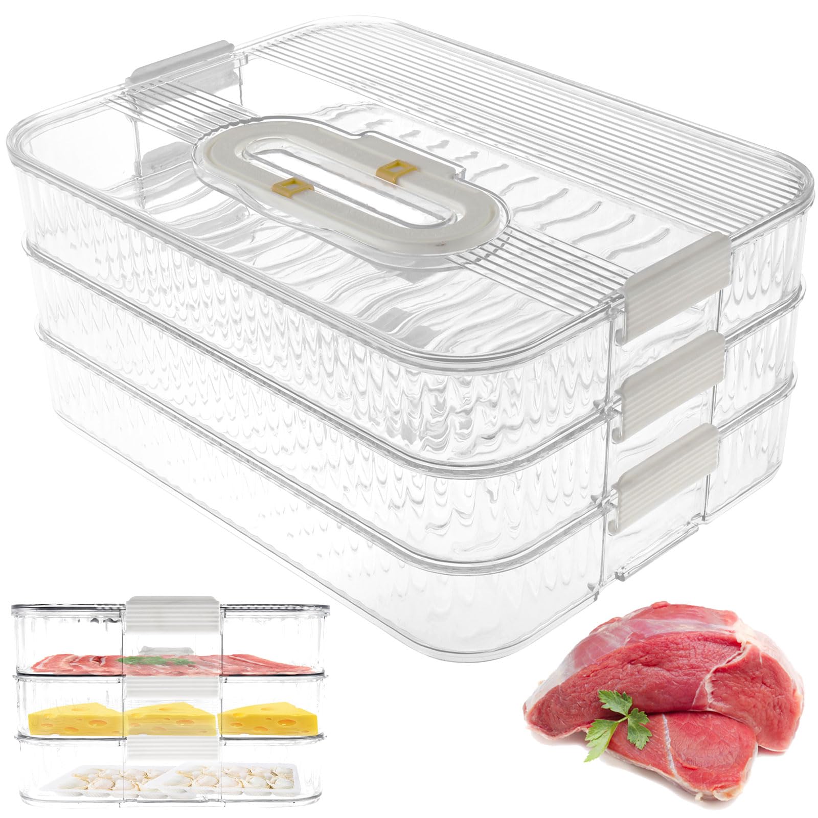 Hvxrjkn Deli Meat Container for Fridge, 3 Layer / 4 Layer Meat Container for Refrigerator Organizing, Bacon Container Refrigerator Food Box Removable Bacon Keeper Fridge (3 Layer)