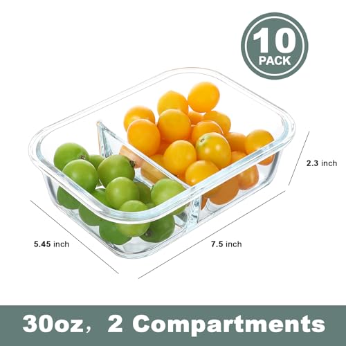 BAYZZ 10 Packs 30 oz Glass Meal Prep Containers 2 Compartment, Glass Food Storage Containers with Lids, Airtight Glass Lunch Bento Box, Freezer,Dishwasher and Microwave Safe