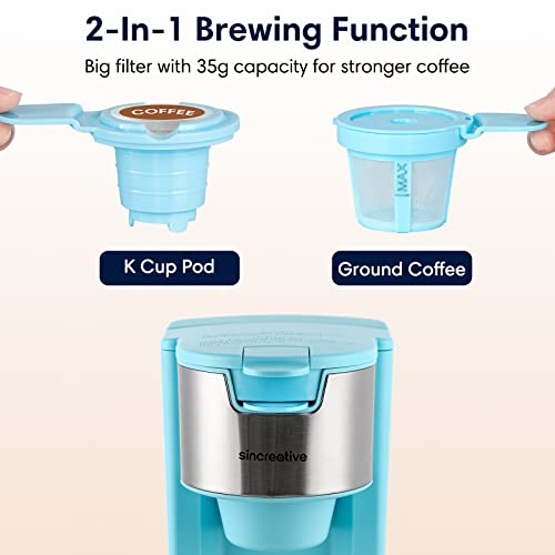 Single Serve Coffee Maker with Milk Frother, 2-In-1 Cappuccino Coffee Machine for K Cup Pod and Ground Coffee, Single Cup Brewer Compact Latte Maker with 30 oz Removable Tank, Blue