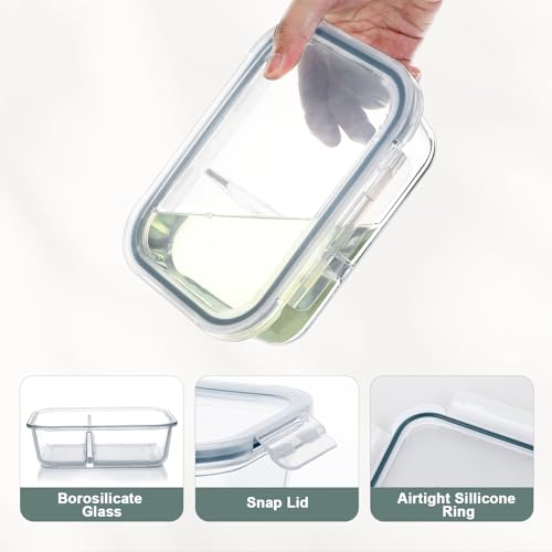 BAYZZ 10 Packs 30 oz Glass Meal Prep Containers 2 Compartment, Glass Food Storage Containers with Lids, Airtight Glass Lunch Bento Box, Freezer,Dishwasher and Microwave Safe