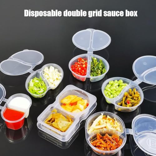 Double Compartment Condiment Container,2 Compartment Snack Containers with Lids,Small Food Storage Containers,Double Compartment Snack Containers for to-go Sauce, Sampling, Travel Snack (Round 150ml)