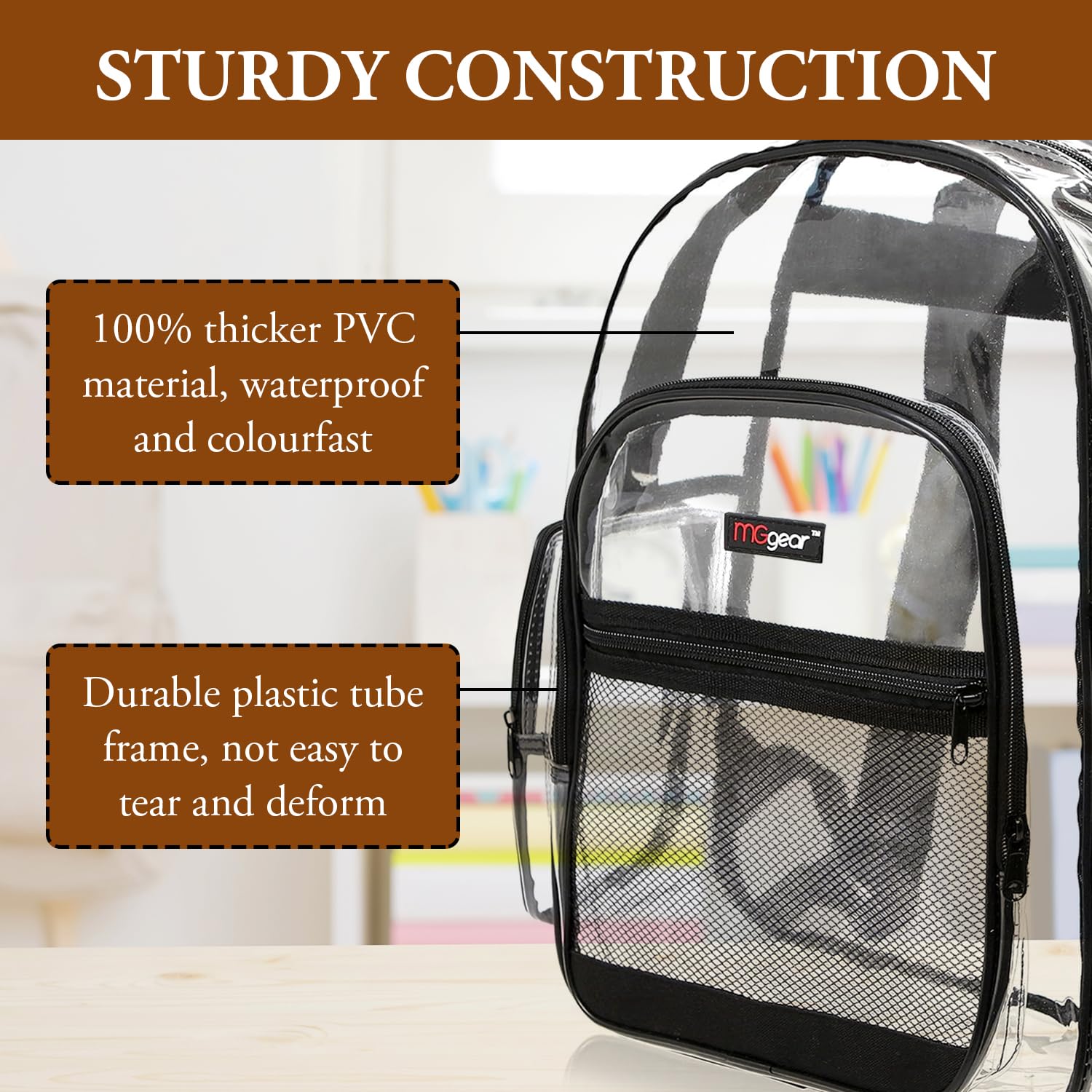 MGgear Clear Transparent PVC School Backpack/ Outdoor Backpack with Black Trim