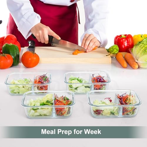 BAYZZ 10 Packs 30 oz Glass Meal Prep Containers 2 Compartment, Glass Food Storage Containers with Lids, Airtight Glass Lunch Bento Box, Freezer,Dishwasher and Microwave Safe