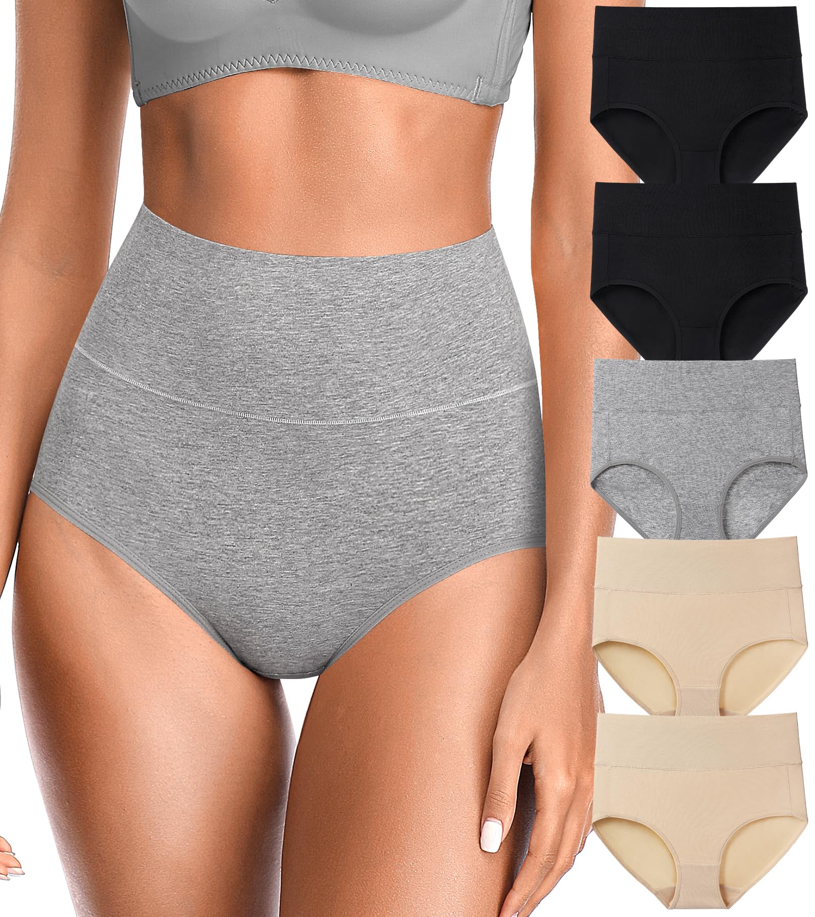 OLIKEME Women's High Waisted Underwear Tummy Control Underwear Postpartum Underwear Breathable Womens Underwear Soft Cotton Panties Full Coverage Briefs, 5-pack Size L