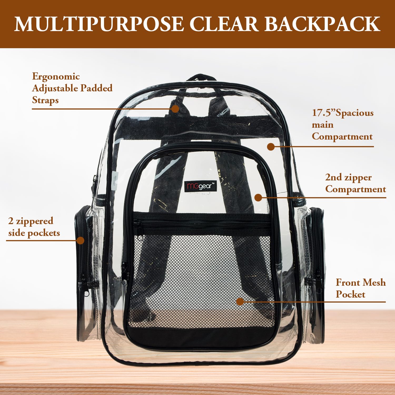 MGgear Clear Transparent PVC School Backpack/ Outdoor Backpack with Black Trim