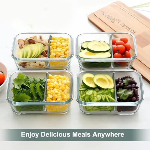 BAYZZ 10 Packs 30 oz Glass Meal Prep Containers 2 Compartment, Glass Food Storage Containers with Lids, Airtight Glass Lunch Bento Box, Freezer,Dishwasher and Microwave Safe