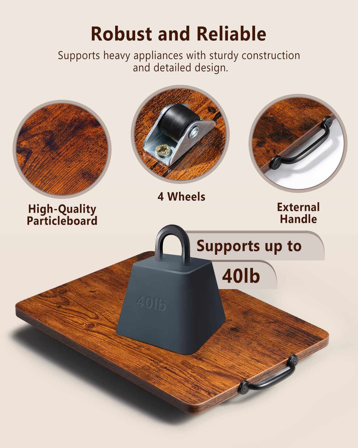 Evermagin Appliance Slider, Sliding Tray for Coffee Maker, Coffee Pot Slider Tray for Countertop, Kitchen Appliance Rolling Tray with Rubber Wheels (Rustic Brown, Large - Long (12.5” x 16”))