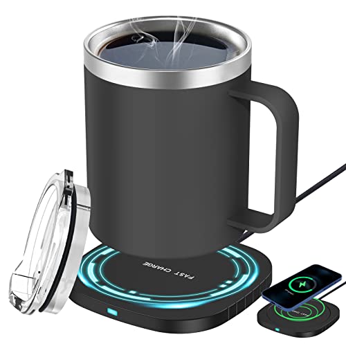 Coffee Mug Warmer & Mug Set,Self Heating Mug with Wireless Smart Charging,304 Stainless Steel Mug with Lid 12 oz,Perfect for Desktop Home Office,Gift for Coffee Lovers, Keeps Up to 131°F/55°C (Black)