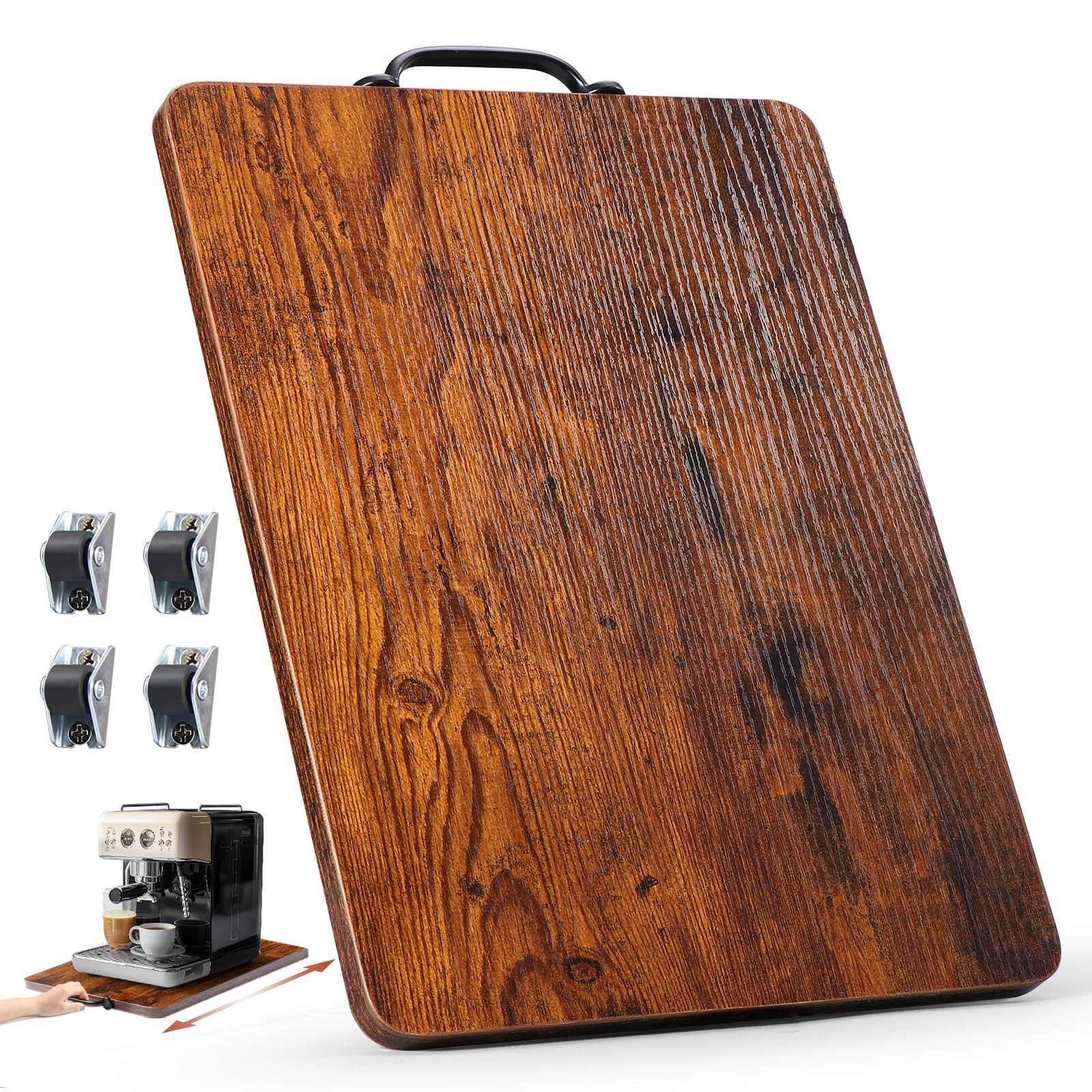 Evermagin Appliance Slider, Sliding Tray for Coffee Maker, Coffee Pot Slider Tray for Countertop, Kitchen Appliance Rolling Tray with Rubber Wheels (Rustic Brown, Large - Long (12.5” x 16”))