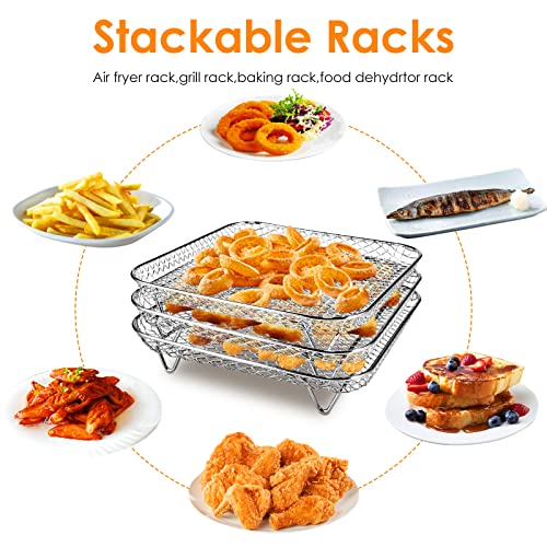kydely Air Fryer Rack compatible with Instant Vortex,Philips,COSORI Air Fryer,8ββ Square Three Stackable Racks,Stainless Steel Multi-Layer Dehydrator Rack Fit all 4.2QT-5.8QT Air fryer Accessories