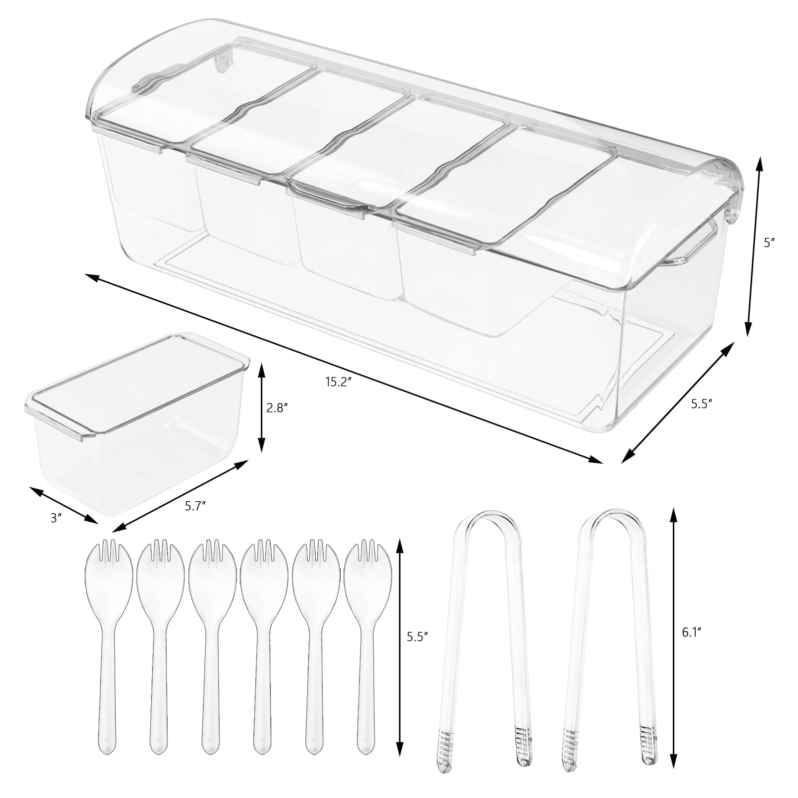 TRBIDRBO Ice Chilled Caddy with 5 Containers and Lid - Chilled Condiment Server for Fruit, Snack, Sauce Garnish Tray - 2.4cup Each Dishes