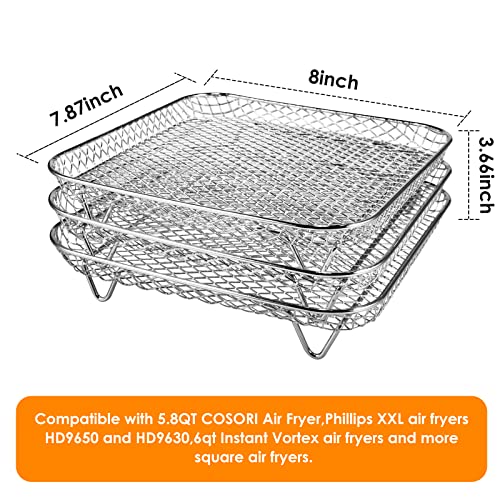 kydely Air Fryer Rack compatible with Instant Vortex,Philips,COSORI Air Fryer,8ββ Square Three Stackable Racks,Stainless Steel Multi-Layer Dehydrator Rack Fit all 4.2QT-5.8QT Air fryer Accessories