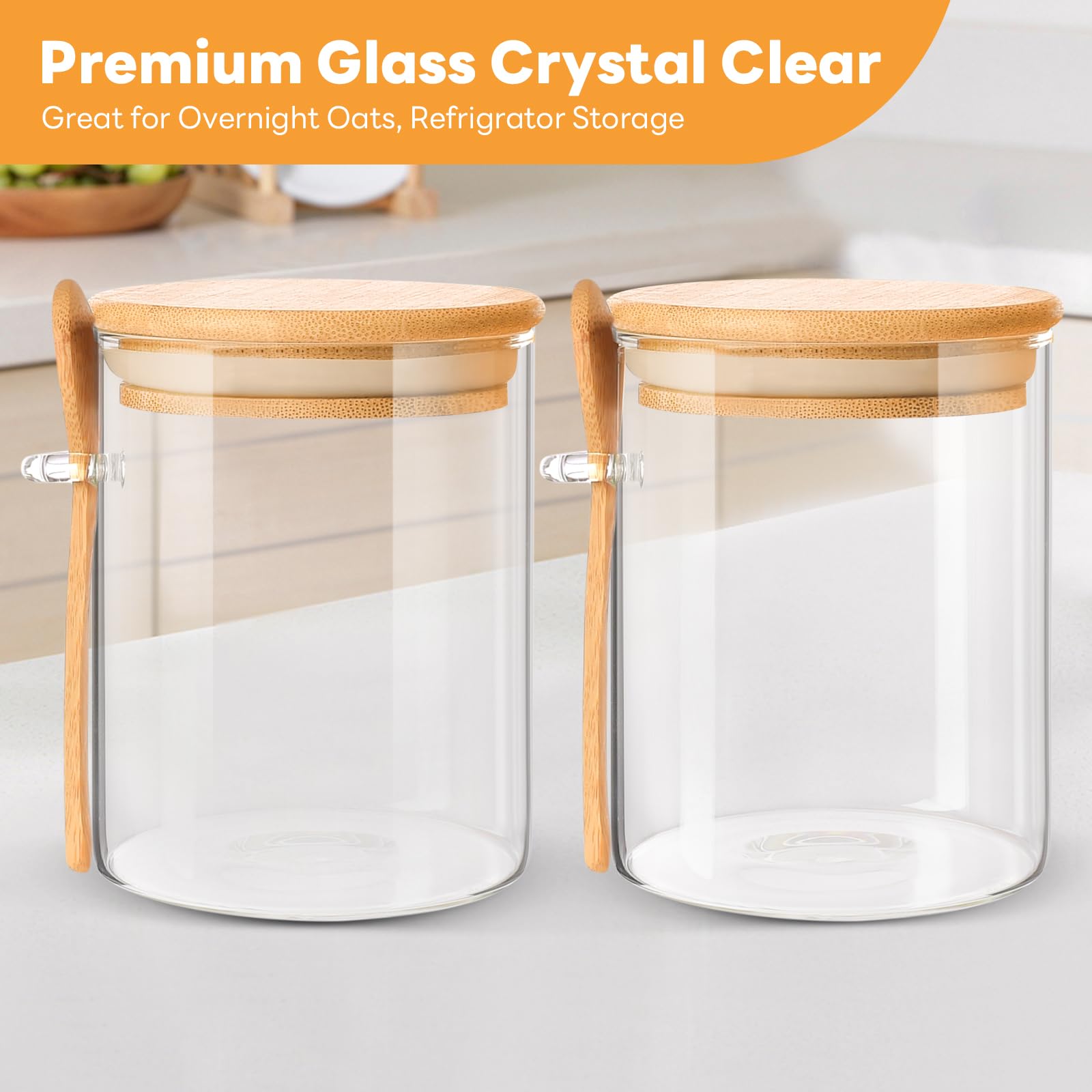 2 Pack 25oz Large Overnight Oats Containers with Lids, Overnight Oats Jars with Spoons, Glass Jars with bamboo Lids,salad jars with lids meal prep for Chia Seed Pudding Yogurt Cereal Coffee Flour